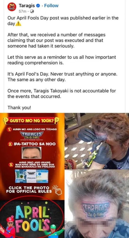 April Fools Takoyaki: Lalaki Nagpatattoo Ng Logo Sa Noo, Prank Pala!